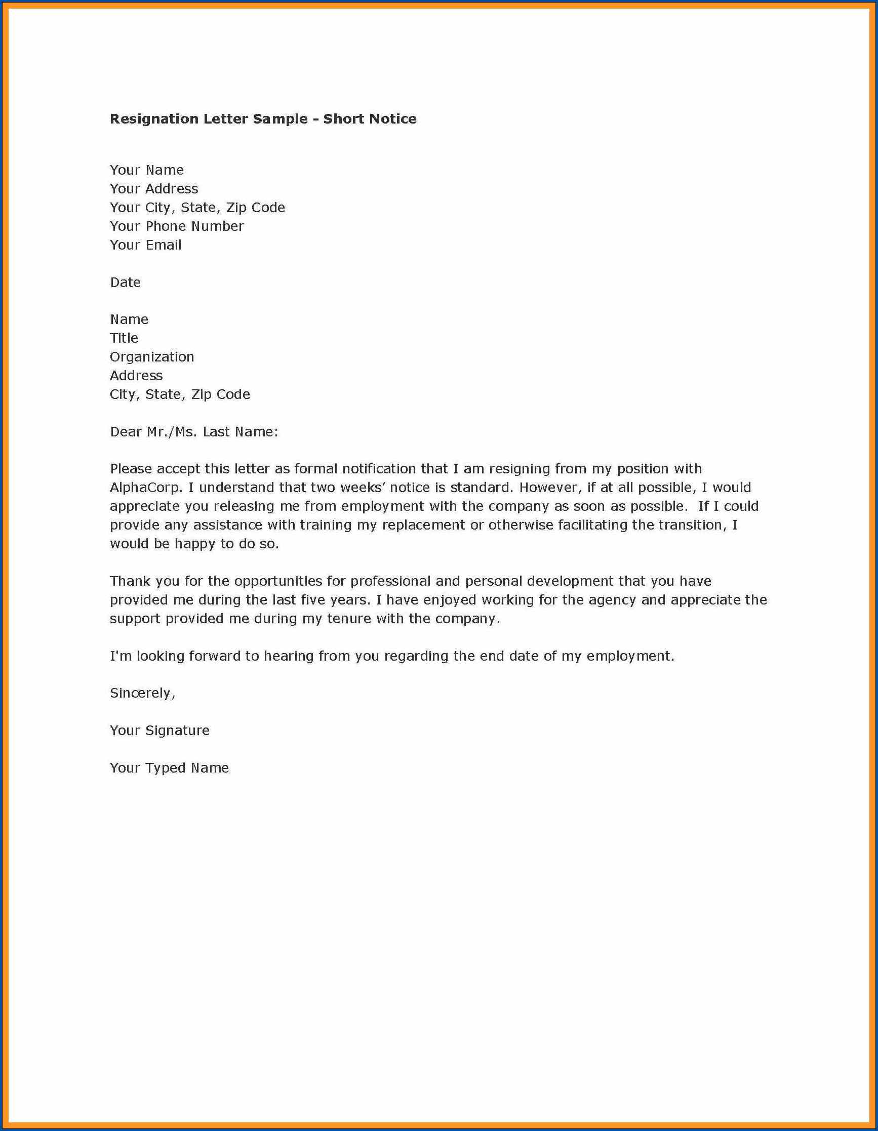  Short And Simple Resignation Letter Sample