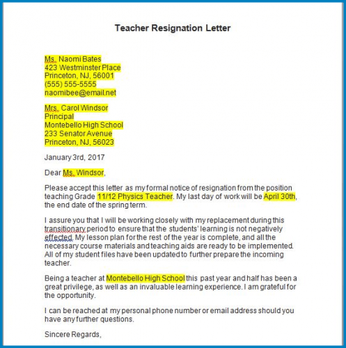 √ Teacher Resignation Letter Template