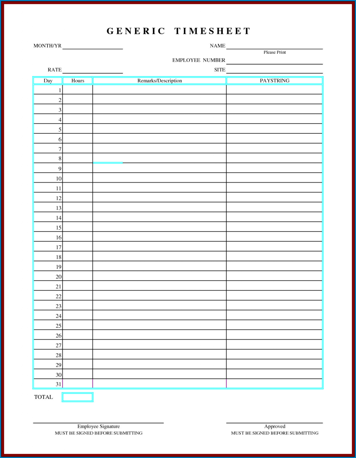 √ Free Printable Timesheet Template Word