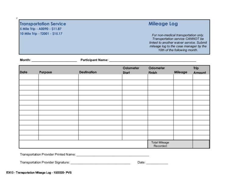 √ Printable Transportation Log Template (Excel)