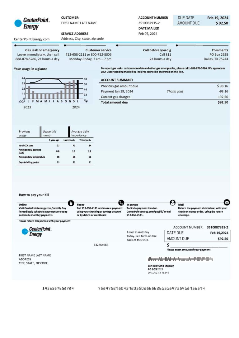 √ Free Printable Utility Bill Template