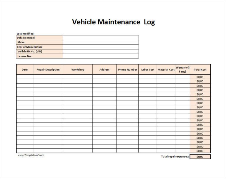 √ Free Vehicle Maintenance Log Template (Excel)