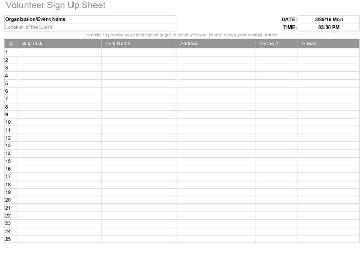 √ Volunteer Signup Worksheet Template (Word)