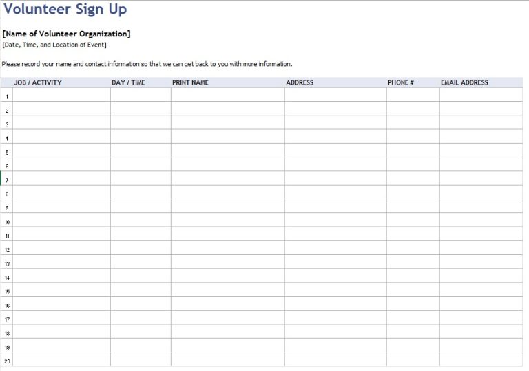 √ Volunteer Signup Worksheet Template (Word)