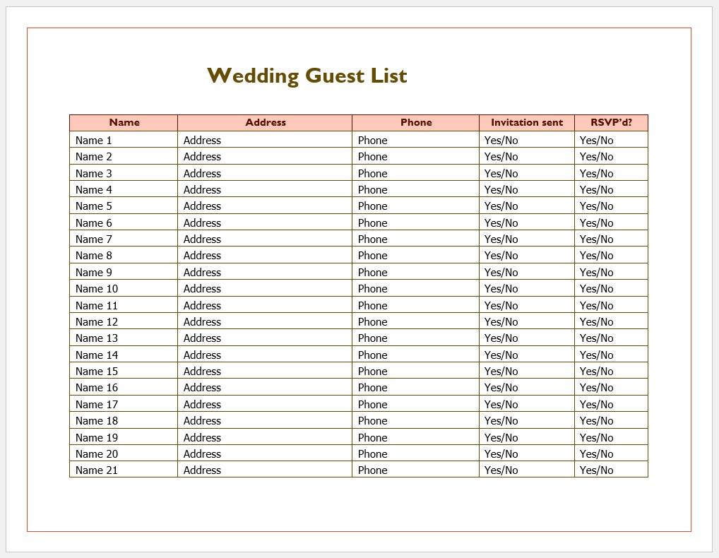  Free Printable Wedding Guest List Template