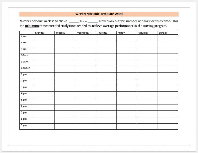 √ Free Printable Weekly Schedule Template Word