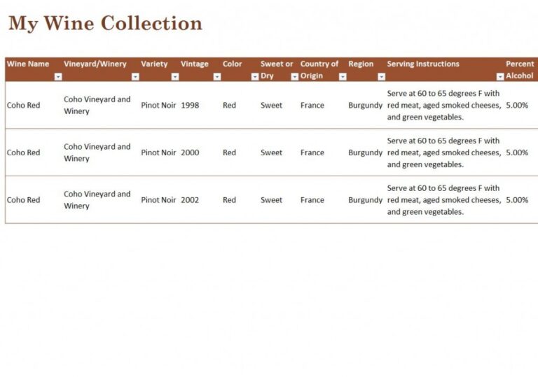 √ Printable Wine Collection Inventory Template