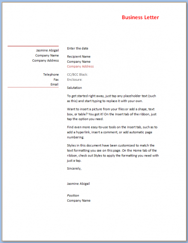 √ Free Printable Word Business Letter Template