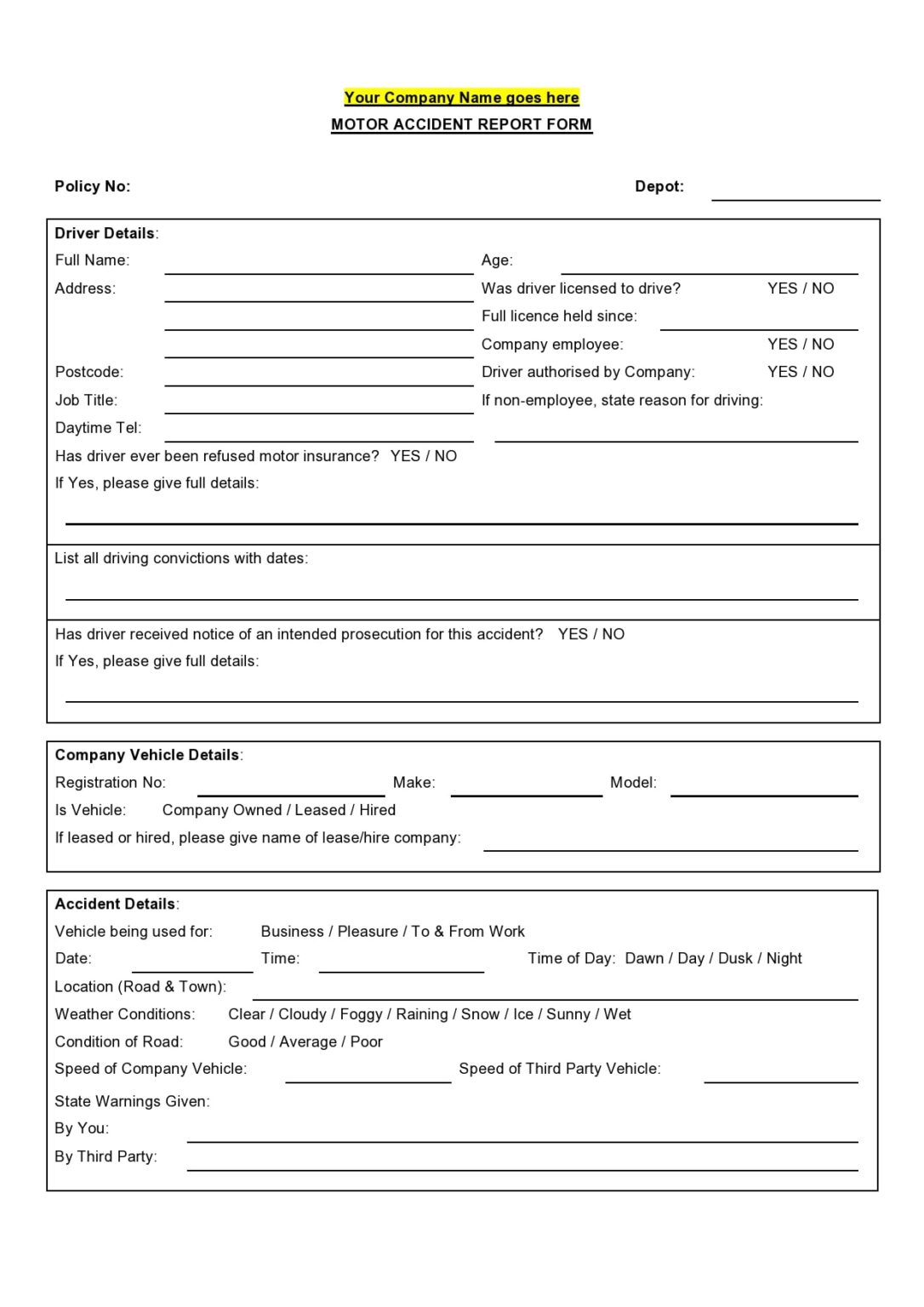 √ Free Printable Accident Report Form (Word)