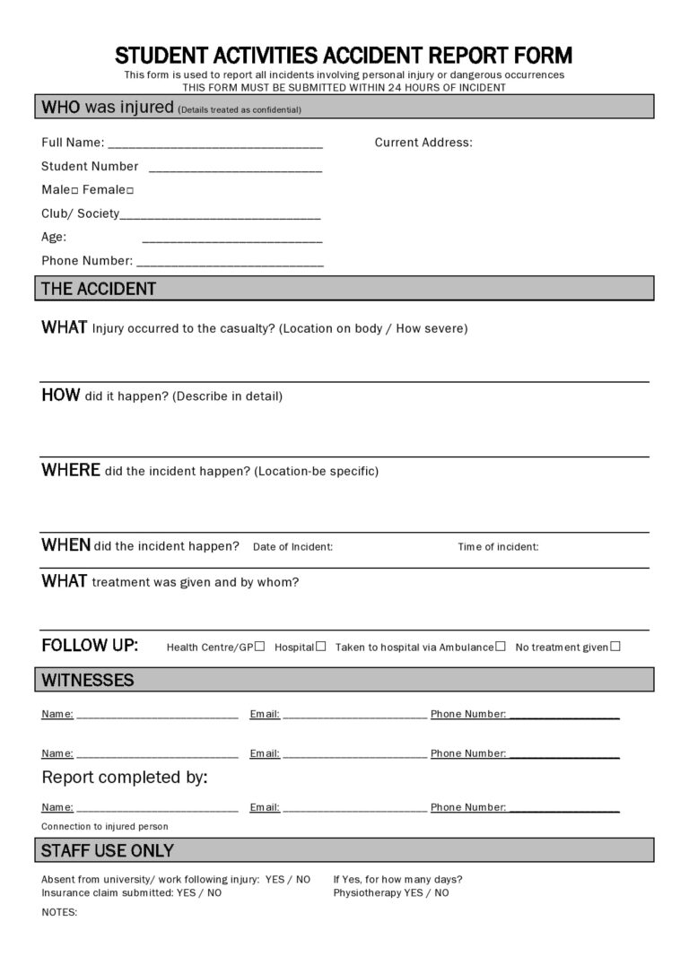 √ Free Printable Accident Report Form (Word)