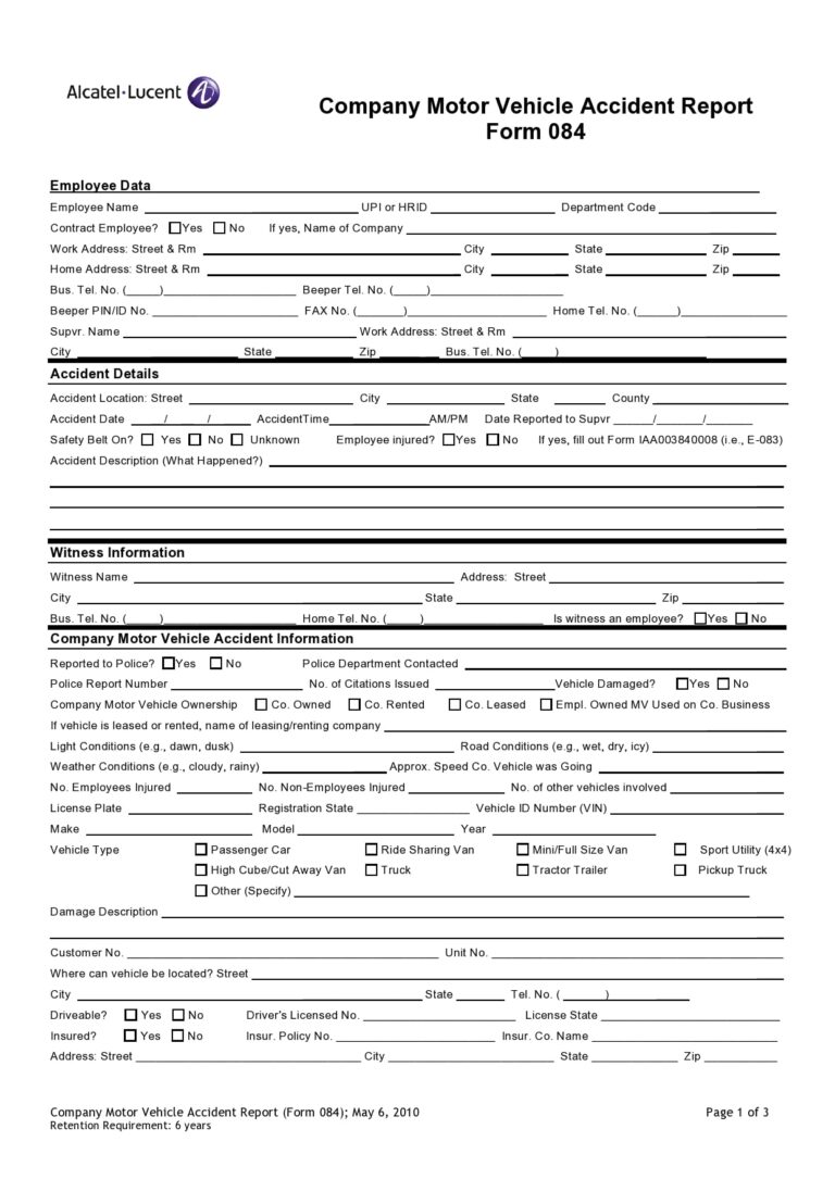 √ Free Printable Accident Report Form (Word)