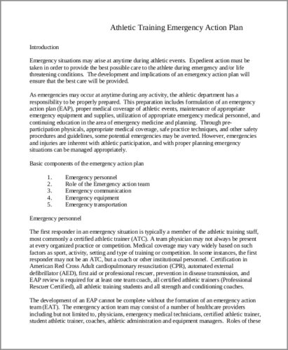 √ Printable Athletic Emergency Action Plan Template