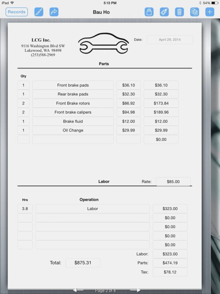 √ Auto Mechanic Invoice Template Free