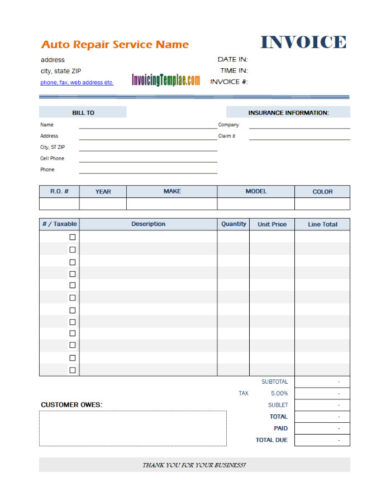 √ Free Printable Auto Repair Invoice Template