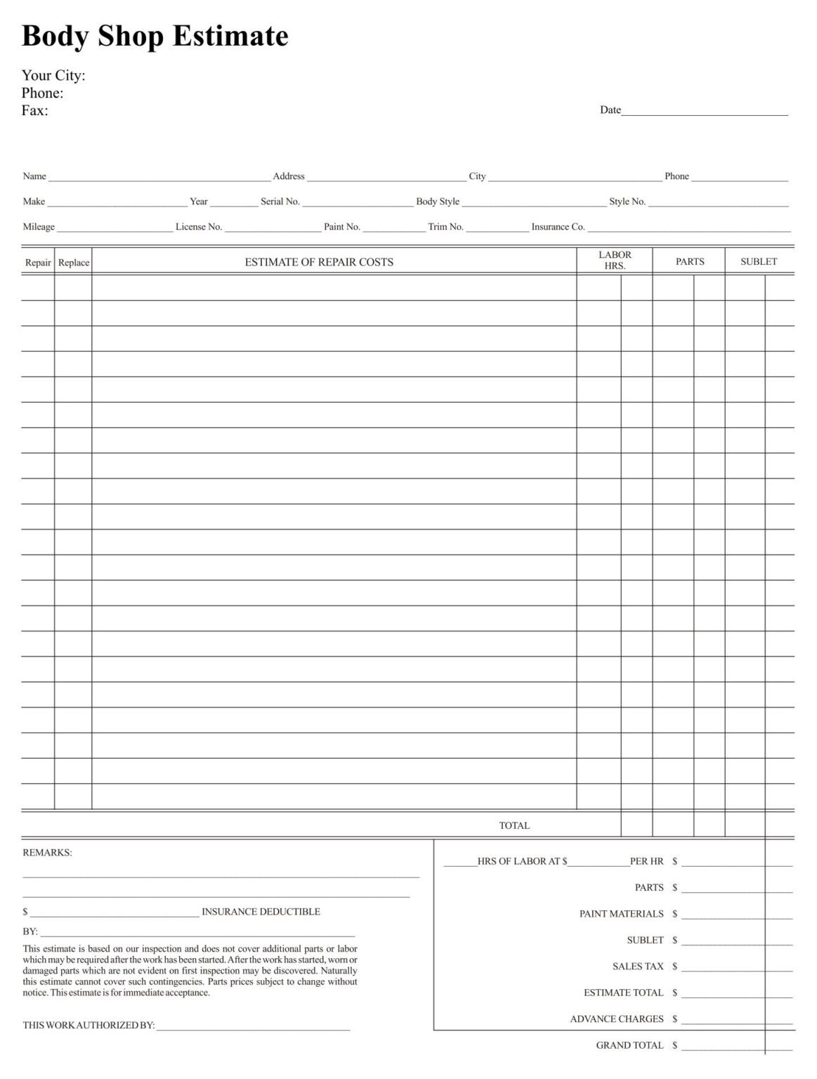 √ Body Shop Estimate Template
