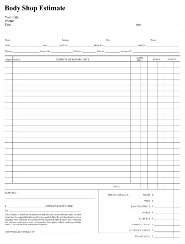 √ Body Shop Estimate Template