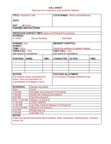√ Free Printable Call Sheet Template (Word)