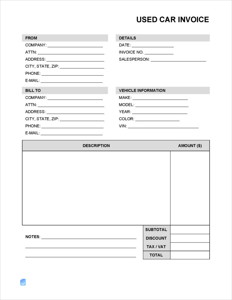 √ Printable Car Sale Invoice Template