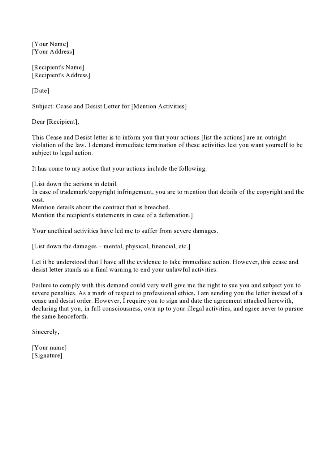 √ Printable Cease and Desist Letter Template