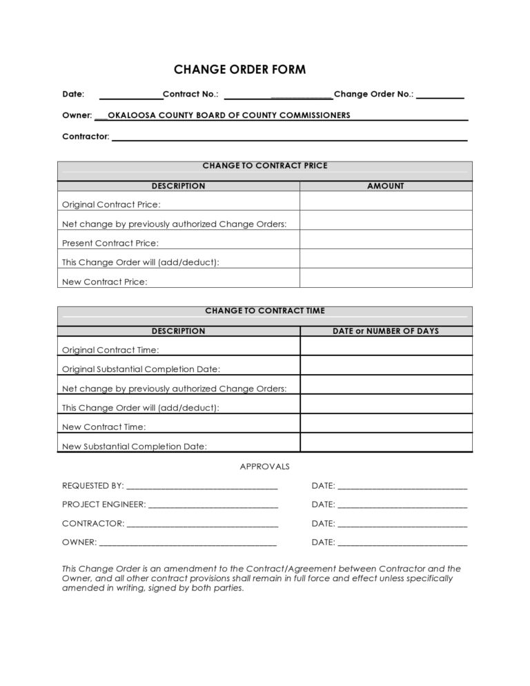 √ Free Printable Change Order Template