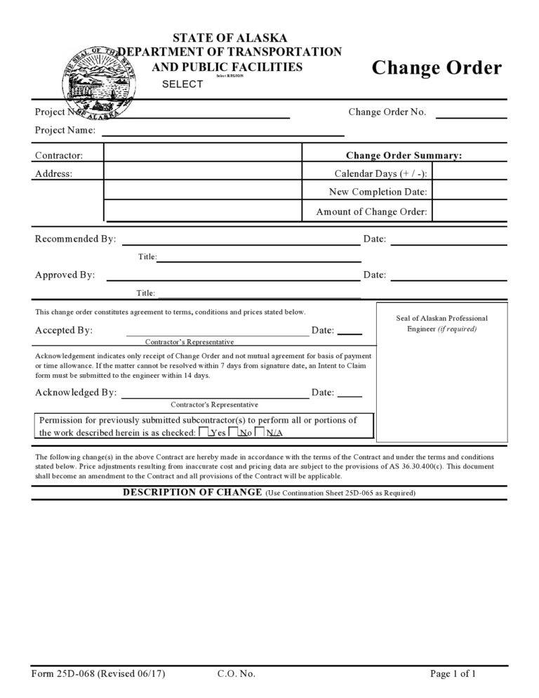 √ Free Printable Change Order Template