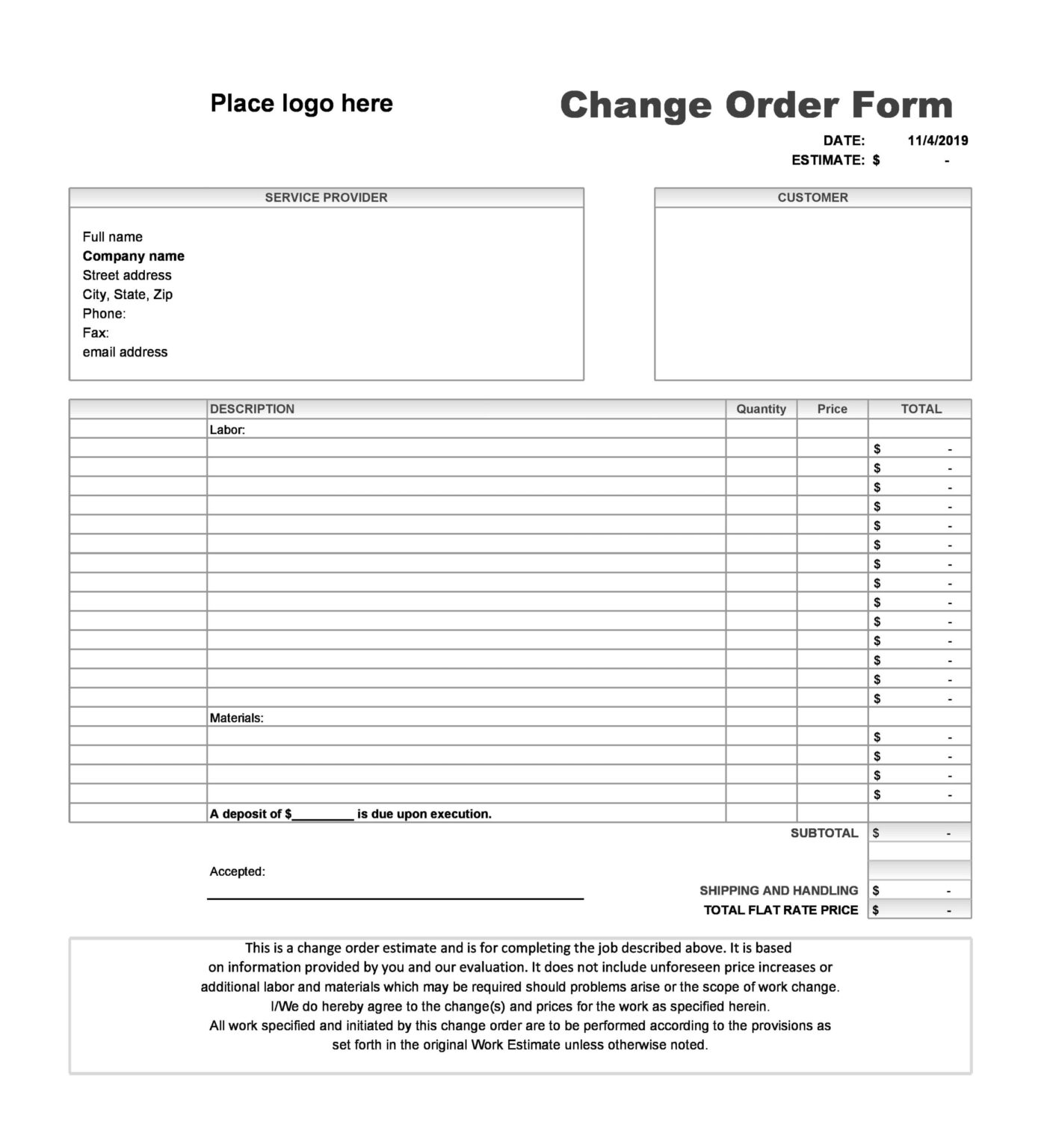 √ Free Printable Change Order Template