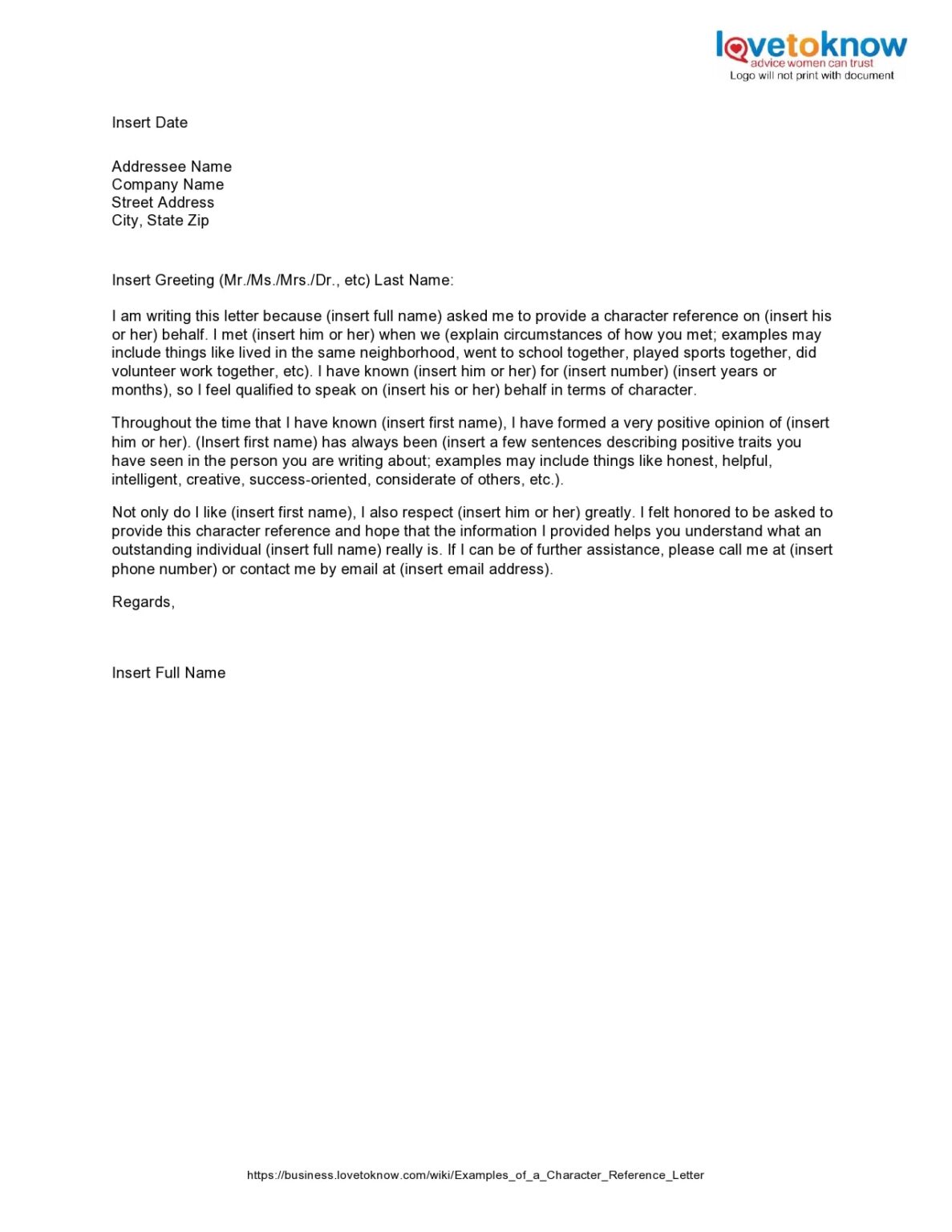 √ Character Reference Letter Template (Word)
