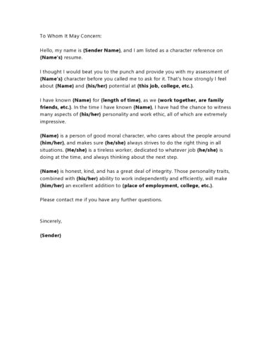 √ Character Reference Letter Template (Word)