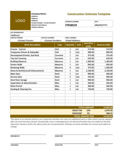 √ Concrete Estimate Template