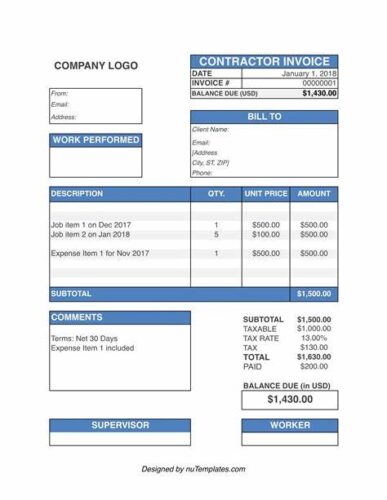 √ Free Printable Contractor Invoice Template [Word]