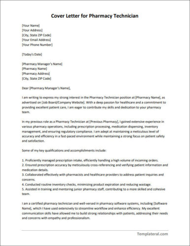 √ Cover Letter Template for Pharmacy Technician