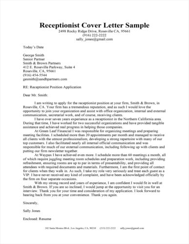 √ Free Printable Cover Letter Template For Receptionist