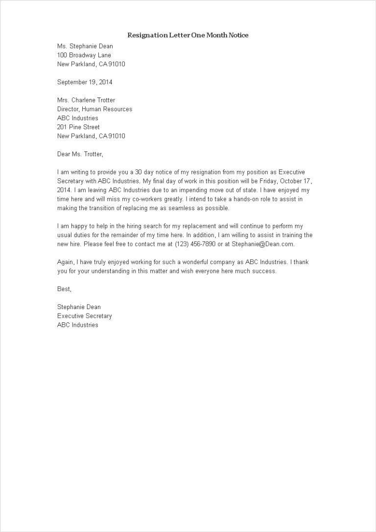 √ Printable 1-Month Notice Resignation Letter Template