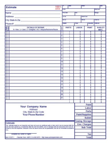 √ Body Shop Estimate Template