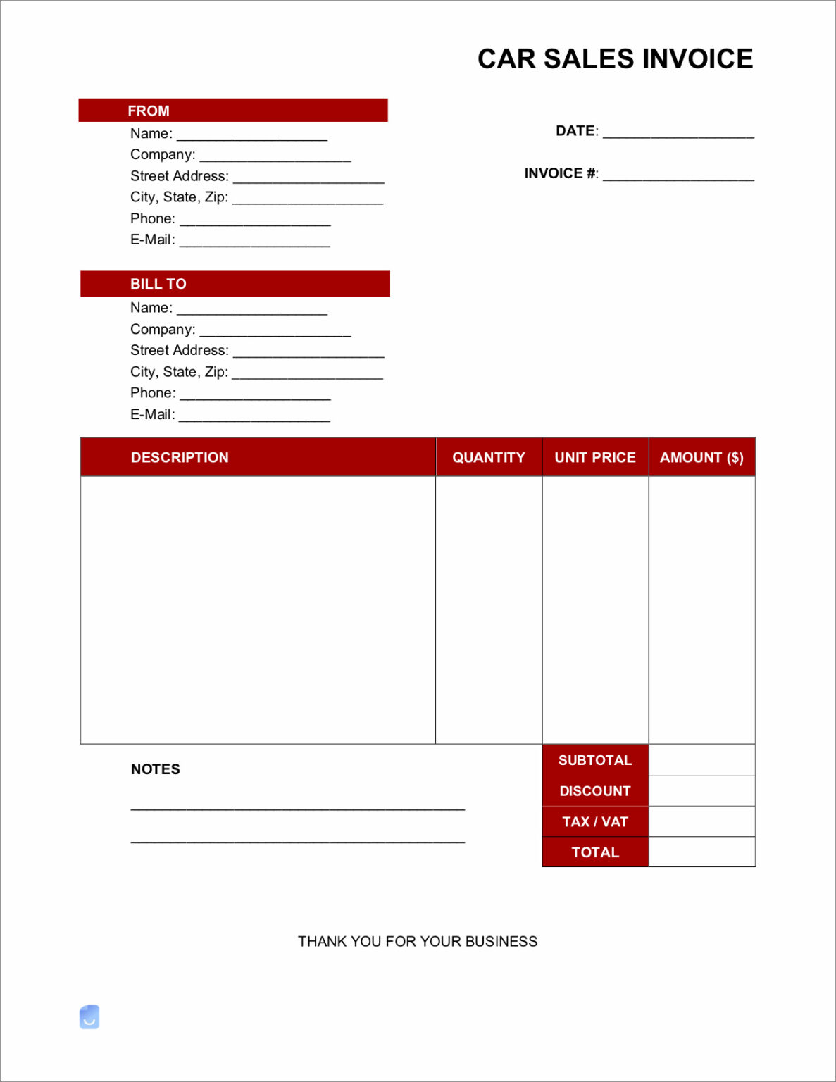 √ Printable Car Sale Invoice Template