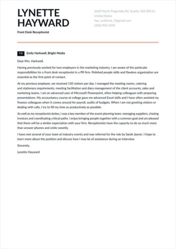 √ Free Printable Cover Letter Template For Receptionist
