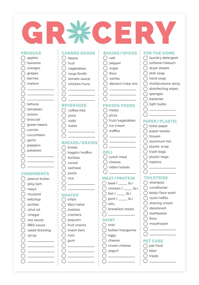 √ Free Printable Grocery Shopping Checklist Template