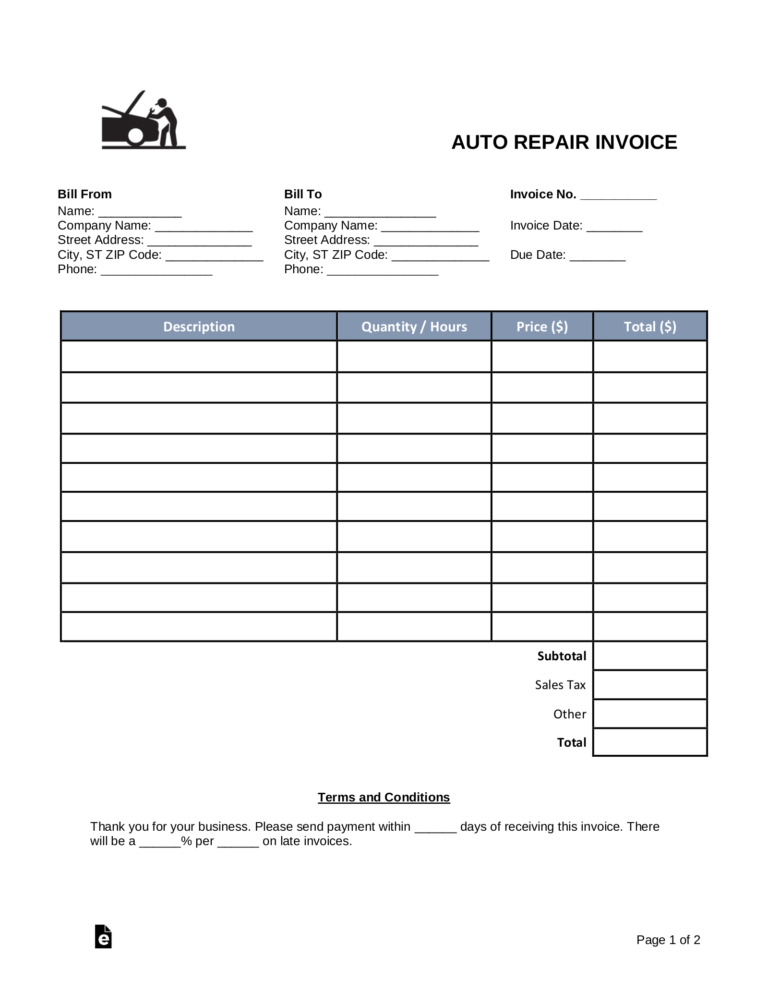 √ Mechanic Shop Invoice Template