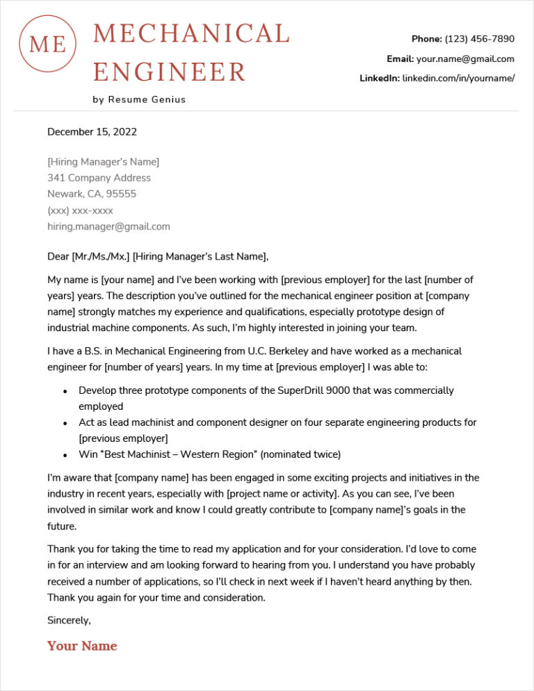 √ Printable Mechanical Engineering Cover Letter Template