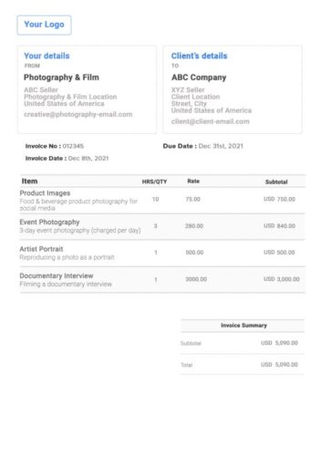 √ Photographer Invoice Template