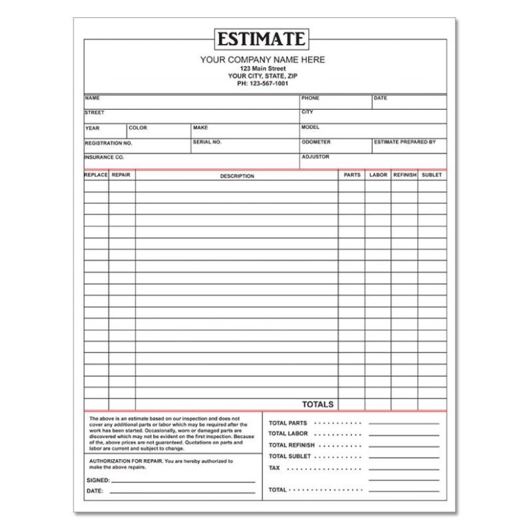 example of printable mechanic estimate template | Templateral