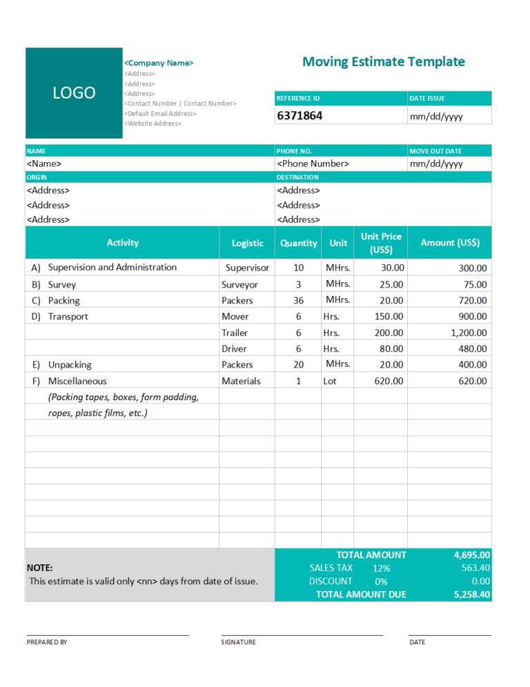 √ Printable Moving Estimate Template
