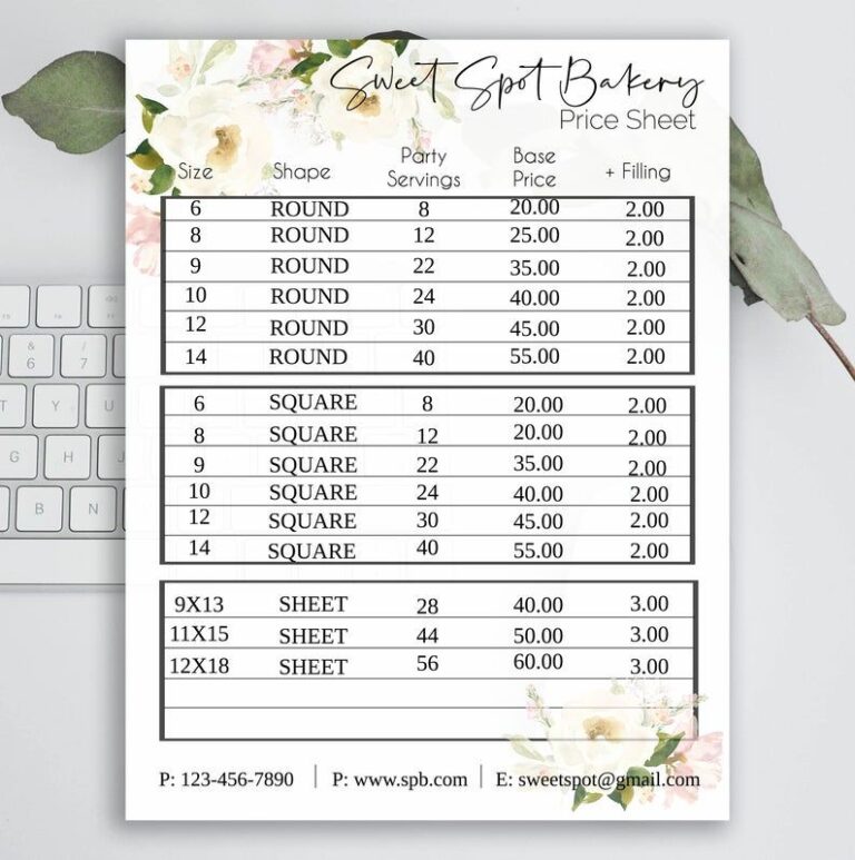 √ Homemade Cake Price List Template