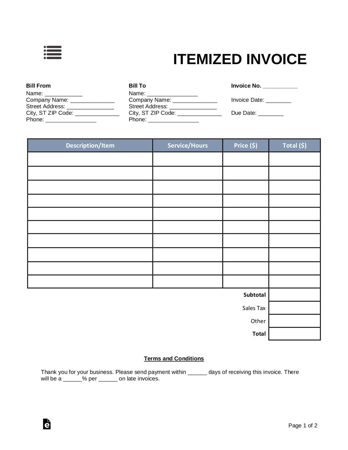 √ Printable Itemized Invoice Template