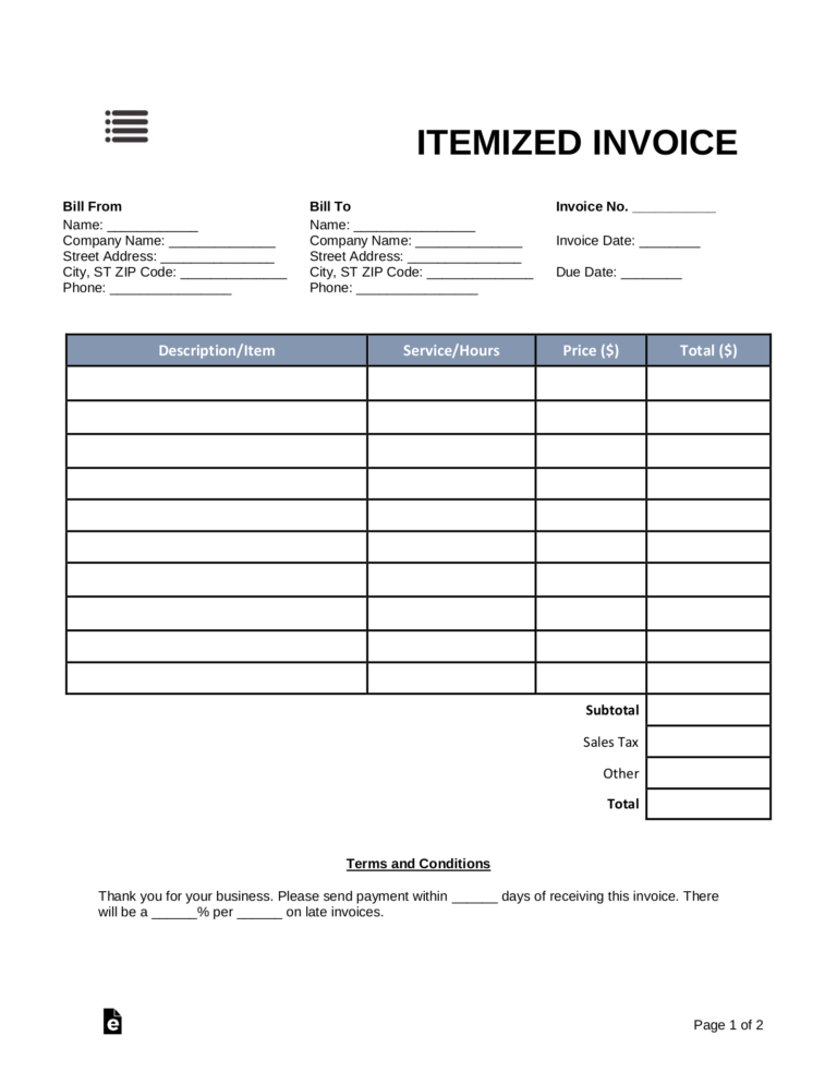 √ Printable Itemized Invoice Template