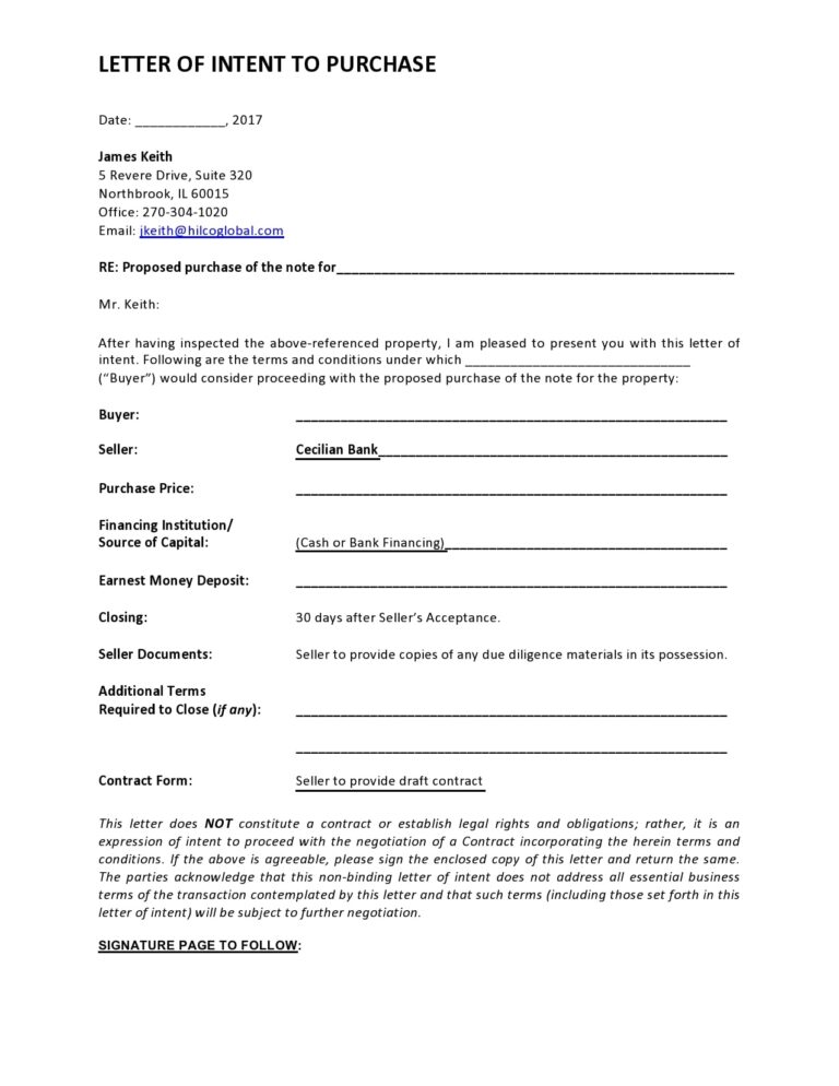 √ Letters of Intent to Purchase Template