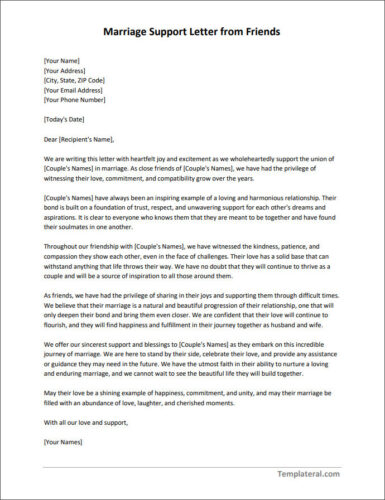 √ Marriage Support Letter Template from Friends