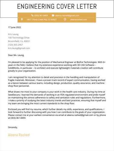 √ Printable Mechanical Engineering Cover Letter Template