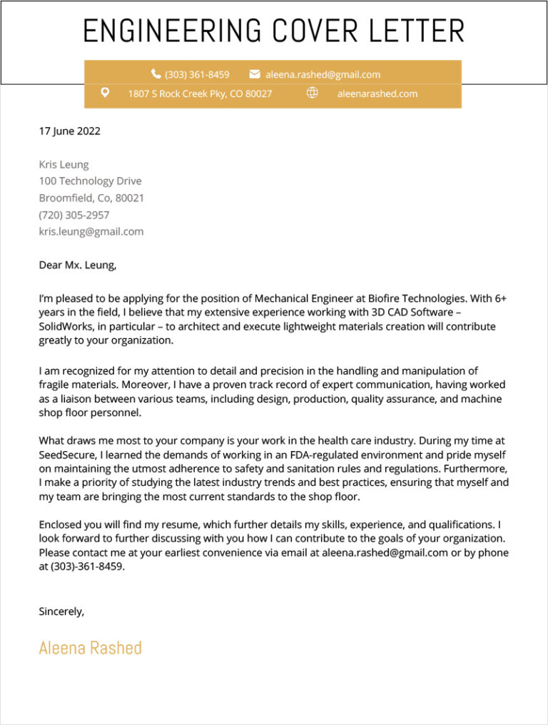 √ Printable Mechanical Engineering Cover Letter Template