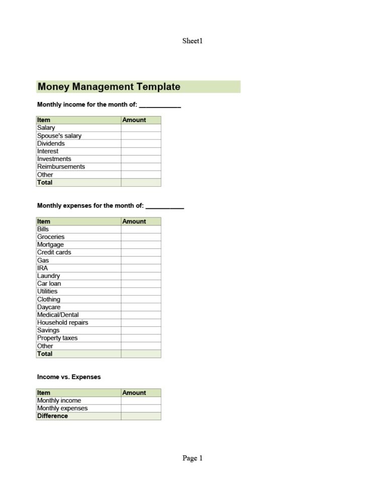 √ Money Management Worksheet Template